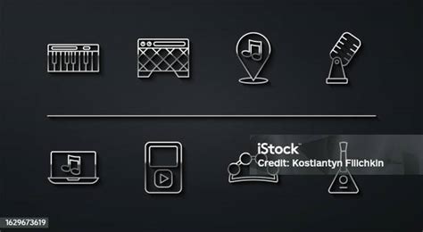 세트 라인 음악 신디사이저 음악이 있는 노트북 마이크 탬버린 플레이어 기타 앰프 발랄라이카 및 위치 음표 아이콘 벡터 Mp3 플레이어에 대한 스톡 벡터 아트 및 기타 이미지