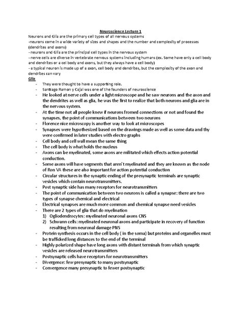 Neuro Lecture 1 Neuroscience Lecture 1 Neurons And Glia Are The Primary Cell Types Of All