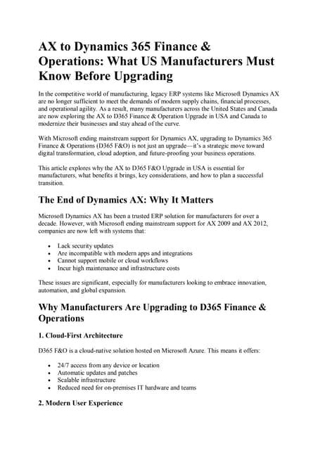 Ax To Dynamics 365 Finance And Operations In Usa Pdf
