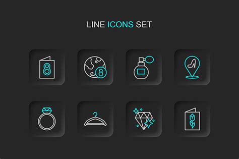 3 월 8 일 다이아몬드 옷걸이 옷장 약혼 반지 여성 신발 향수 국제 여성의 날 및 아이콘으로 라인 인사말 카드를 설정합니다 벡터 0명에 대한 스톡 벡터 아트 및 기타
