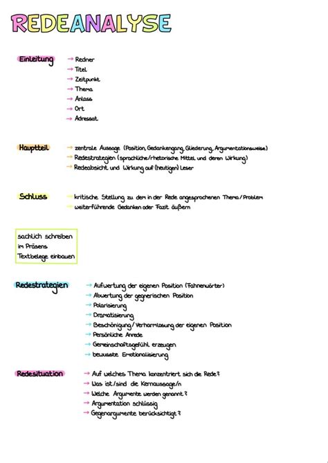 Redeanalyse Deutsch Lernzettel 1 Lernen Tipps Schule Schule Gedanken