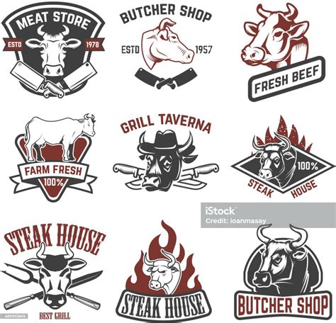 신선한 쇠고기 레이블 흰색 배경에 고립의 집합입니다 정육점이 게 라벨 사인에 대 한 요소를 디자인 합니다 벡터 일러스트입니다