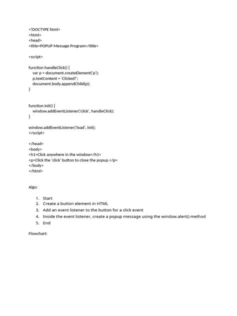 9 write an algorithm draw a flowchart and write a javascript program to popup message program