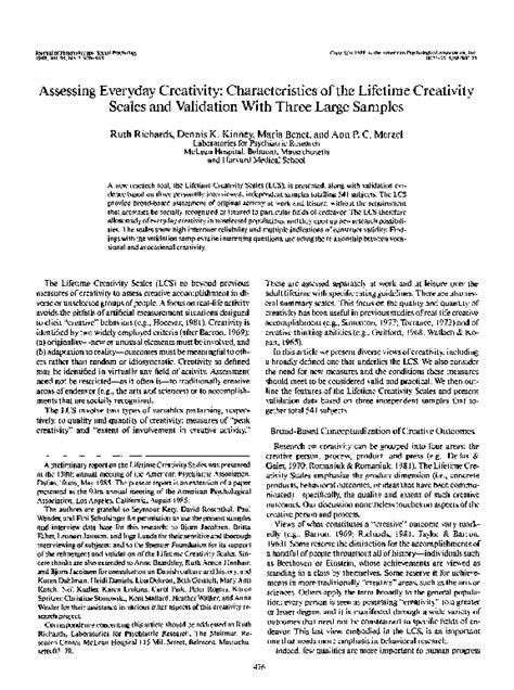 Pdf Assessing Everyday Creativity Characteristics Of The Lifetime Creativity Scales And