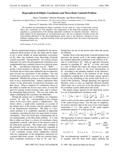 Pdf Hyperspherical Elliptic Coordinates And Three Body Coulomb Problem