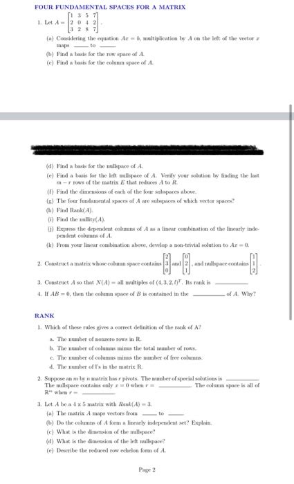 Solved Four Fundamental Spaces For A Matrix 1 3 5 7 1 Let