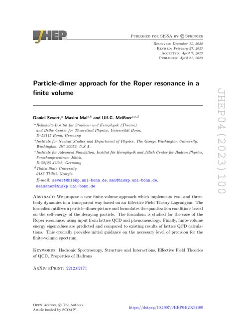 pdf particle dimer approach for the roper resonance in a finite volume