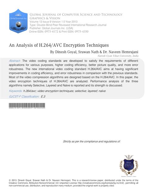 pdf an analysis of h 264 avc encryption techniques
