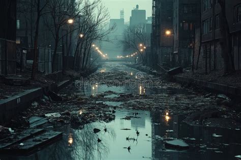 Canal Polluted By Garbage Flowing Through City At Twilight Stock