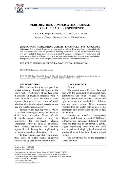 Pdf Perforations Complicating Jejunal Diverticulum Our Experience