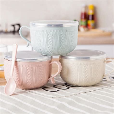 스테인레스 스틸 이중 레이어 라면 국수 그릇 화상 방지 인스턴트 국수 그릇 대용량 뚜껑 및 스푼 식기 포함