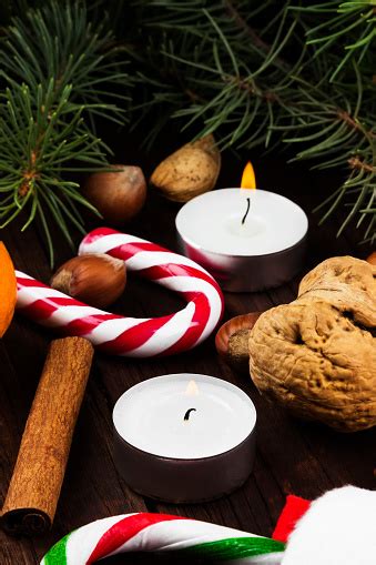 Christmas Symbols Stocking Candles Firtree Tangerines Candy Cane