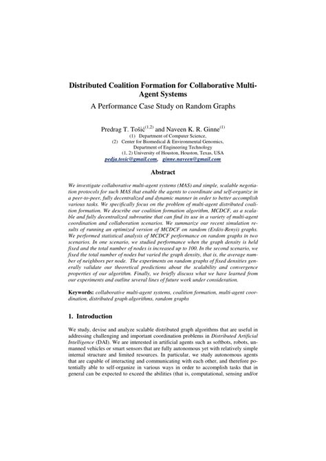 Pdf Distributed Coalition Formation For Collaborative Multi Agent Systems A Performance Case