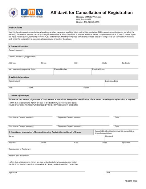 Mass RMV Affidavit For Cancellation Of Registration Forms Docs