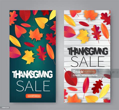 추수 감사절 전단지 배너 또는 포스터 세트 가을 전통적인 미국 휴일 나무 소박한 보드에 단풍 나무와 오크 빨간색과 오렌지 잎 배경 벡터 그림입니다 10월에 대한 스톡 벡터