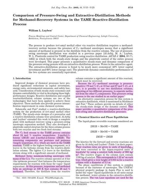 Tame Extractive Distillation Distillation Pdf Distillation Chemical Reactor