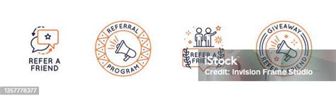 추천 프로그램 아이콘 집합입니다 음성 거품이 있는 친구 개념을 참조하십시오 사람 메가폰 아이콘 흰색 배경에서 격리된 레이블 배지 벡터 일러스트레이션 리퍼럴 마케팅에 대한
