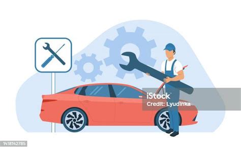 자동차 서비스를위한 개념 렌치 자동차 도구 및 기어가있는 정비사 벡터 일러스트레이션 교통수단에 대한 스톡 벡터 아트 및 기타 이미지 Istock