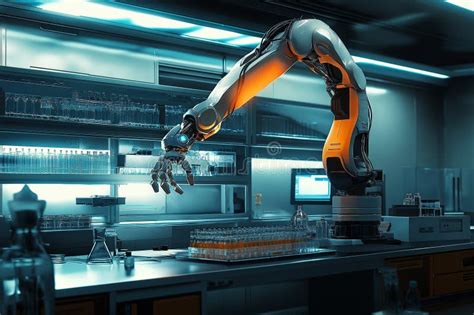 Robotic Arm Handling Scientific Equipment In Modern Laboratory Stock
