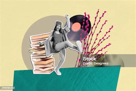 창조적 인 예술 배너 콜라주 행복 힙 스터 소녀 댄스 복고풍의 행사 이벤트 비닐 디스크 재생 목록 버드 나무 분기 냉기 책 스택