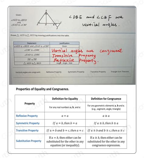 solved given ∠ aed≌ ∠ bed and ∠ ead≌ ∠ cbf prove aed≌ bed by moving