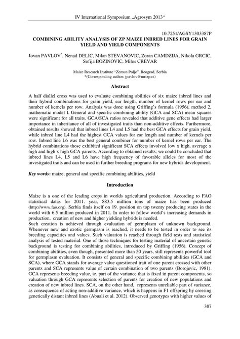 Pdf Combining Ability Analysis Of Zp Maize Inbred Lines For Grain Yield And Yield Components