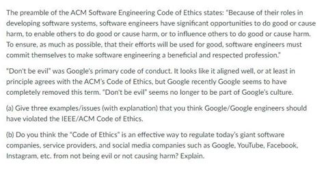Solved The Preamble Of The Acm Software Engineering Code Of