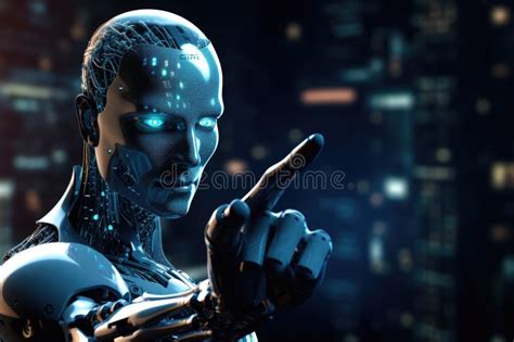 Cyborg Woman Pointing Finger At Something On Dark Background 3d Rendering Cyber Digital World