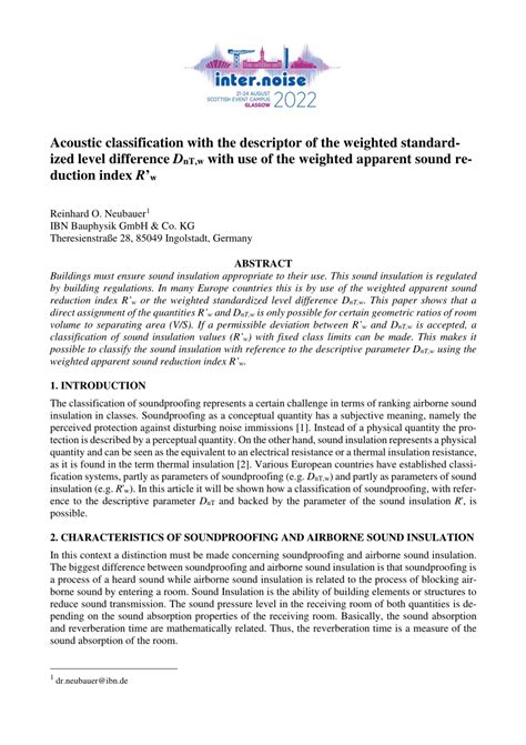 Pdf Acoustic Classification With The Descriptor Of The Weighted Standardized Level Difference