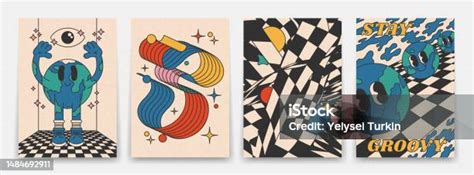 밝고 그루비한 포스터 70년대 컬렉션 사이키델릭한 추상적인 오브제와 행성 지구의 형태를 한 캐릭터 빈티지 프린트 고립된 복고풍