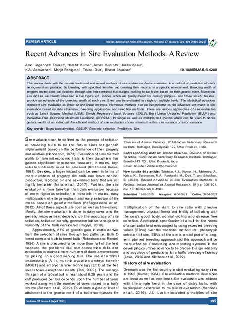 Pdf Recent Advances In Sire Evaluation Methods A Review