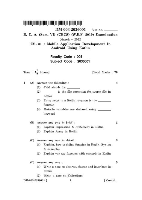 Bca Sem 62019 March 2022 Cs 31 Mobile Appdev In Android Using Kotlin Computer Science V