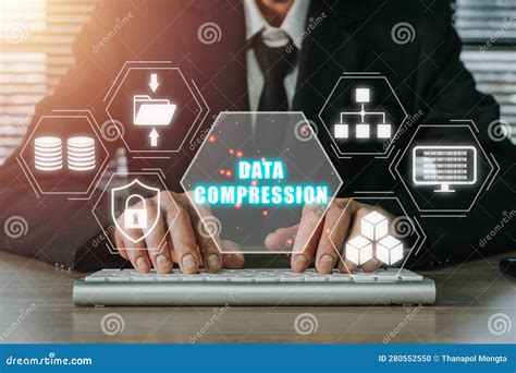 Person Hand Typing Keyboard Computer On Desk With Data Compression Icon