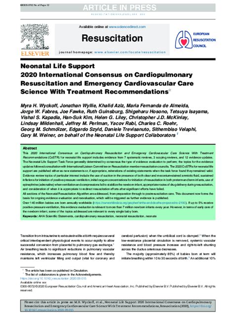 Pdf Neonatal Life Support 2020 International Consensus On Cardiopulmonary Resuscitation And