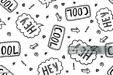 멋진 말풍선과 헤이 매끄러운 패턴의 낙서 벡터 그림 검은색 윤곽선과 흰색 배경 0명에 대한 스톡 벡터 아트 및 기타 이미지 0명 낙서 드로잉 대화 풍선 문자 기호