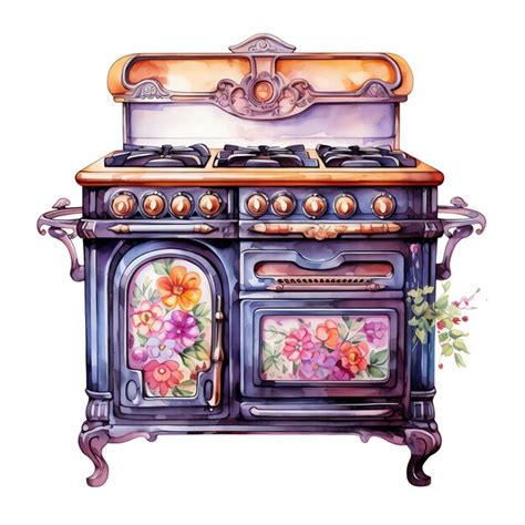 Hermosa Estufa Vintage Acuarela Vintage Country Kitchen Ilustración De Imágenes Prediseñadas