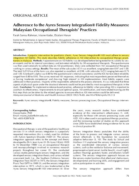 Adherence To The Ayres Sensory Integration Pdf Occupational Therapy