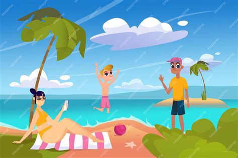 Premium Vector Summer Beach Background In Flat Cartoon Design