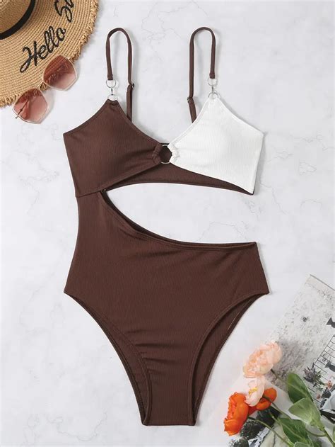 Rib Knit Colorblock Bathing Suit Ring Linked Cut Stretchy Temu United