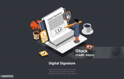 디지털 서명 및 전자 서명의 개념 사업가는 온라인으로 노트북에 계약 또는 계약에 서명하고 있습니다 전자 서명 및 높은 수준의 보호 아이소메트릭 3d 만화 벡터 일러스트 레이