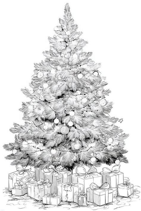 Printable Christmas Tree Coloring Sheet With Decorations Stock Image
