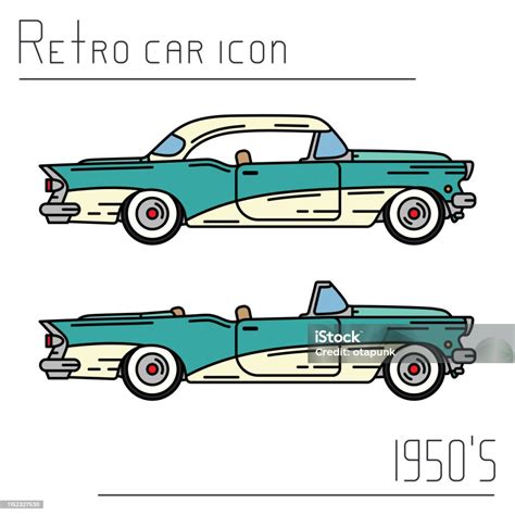 색상 벡터 아이콘 세트 미국 카브 리 올레 자동 Oldtimer 고전적인 1950 년대 스타일 향수 골동품 자동차 여름 여행 휴가 빈티지 스포츠 자동차입니다 고속도로 경주
