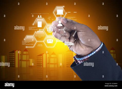Man Showing Networking With Virtual Display In Color Background Stock