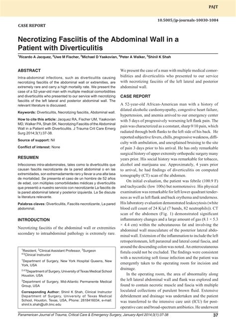 Pdf Necrotizing Fasciitis Of The Abdominal Wall In A Patient With Diverticulitis