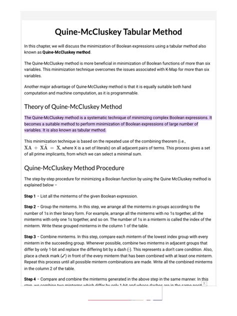 Quine Mccluskey Tabular Method Pdf Boolean Algebra Teaching