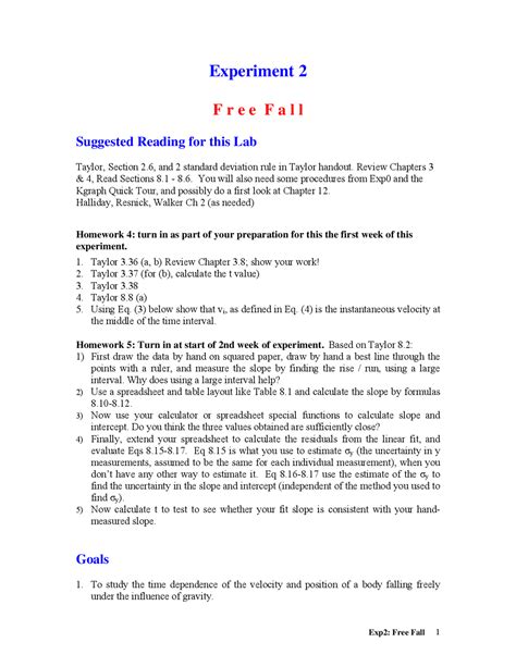 Free Fall Laboratory Experiment 2 Physics Lab For Scientists I Phy 191 Assignments Physics