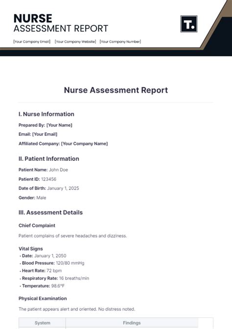Free Nurse Assessment Report Template To Edit Online