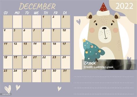 2022년 12월의 수평 플래너 캘린더 템플릿입니다 산타 모자에 크리스마스 트리와 귀여운 곰 벡터 그림입니다 일요일부터 매주