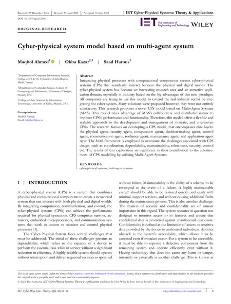 pdf cyber‐physical system model based on multi‐agent system
