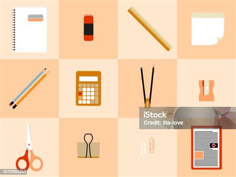 학교로 돌아가기 플랫 스타일의 만화 교육 요소 세트 학교 아이콘 나침반 가위 종이 클립 숫돌 눈금자 지우개 압정 포스트잇 노트북